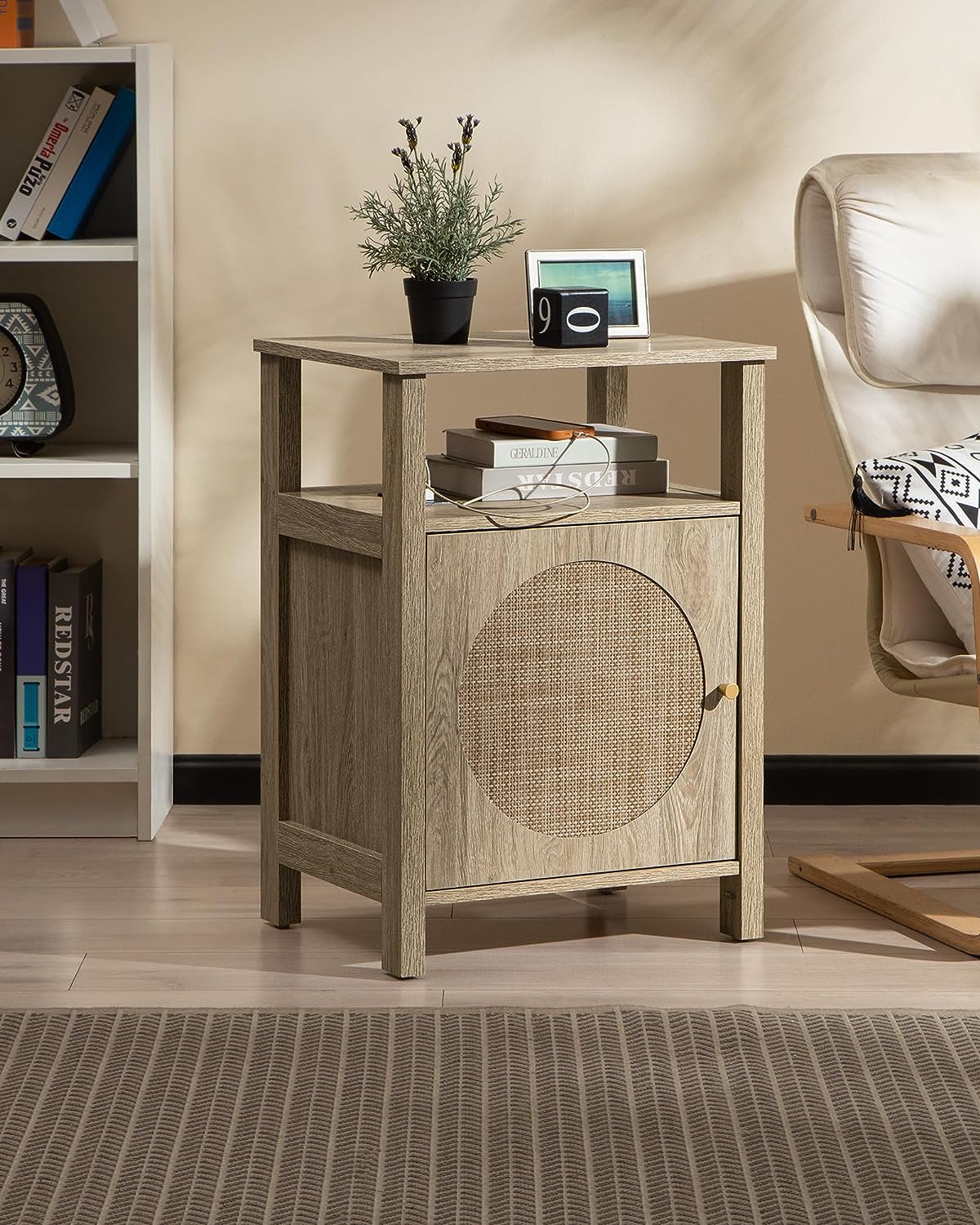 Rattan Night stand Boho Tall Night Stand with Charging Station – Sicotas