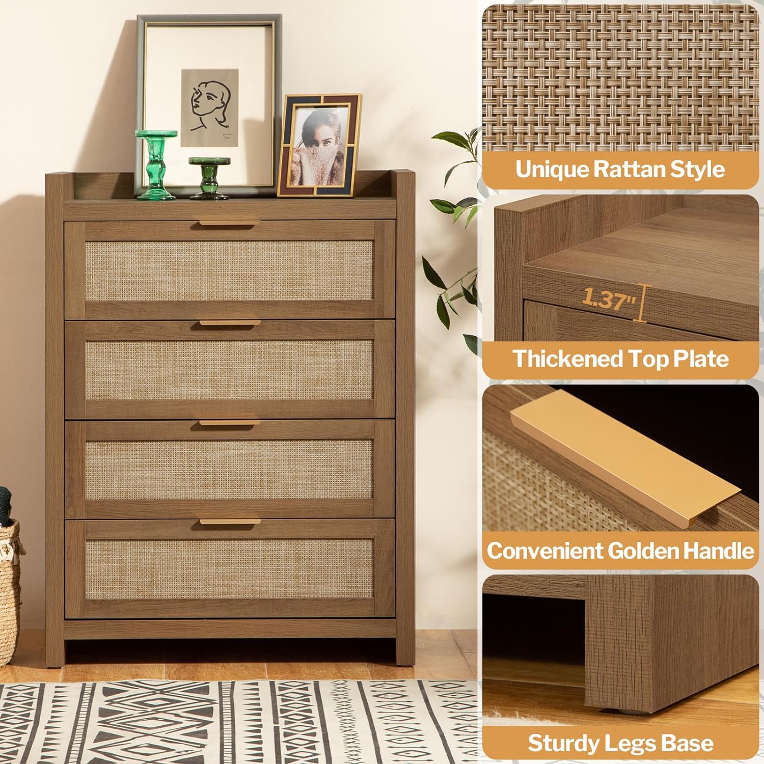 Rattan Drawers Wood Dresser Tall Dresser with 4 Rattan Drawers – SICOTAS